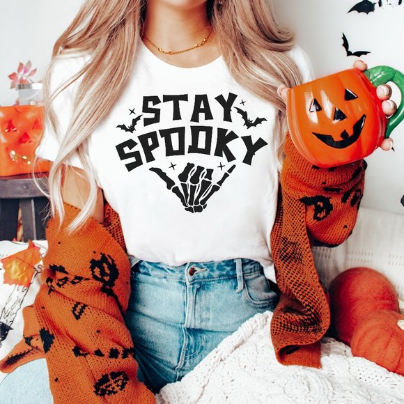 Tops | Stay Spooky Halloween Tshirt Skeleton Graphic Tee Halloween ...